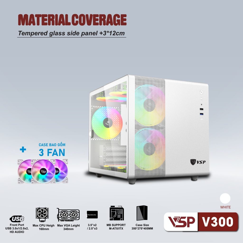 Case VSP V300 Kèm 3 Fan LED (mATX, Trắng) - TL COMPUTER